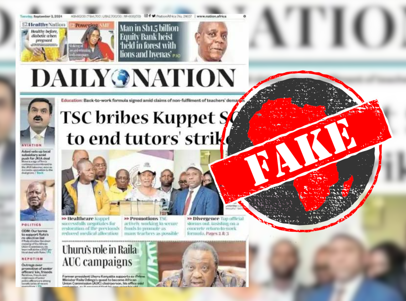 Fake Daily Nation front page falsely claims Kenyan teachers’ employer bribed union to end strike ...