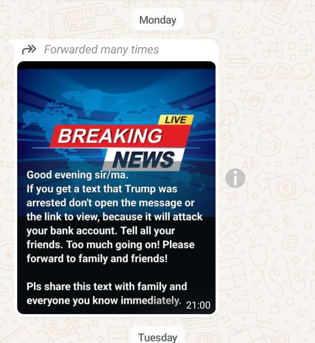 No, this message claiming US president Donald Trump has been arrested ...