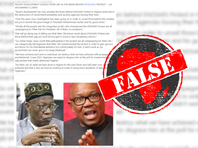 No, Nigerian information minister Mohammed didn’t say presidential candidate Obi was behind # ...