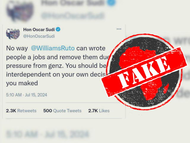 No evidence that Kenyan legislator Oscar Sudi criticised Kenyan president William Ruto for ...