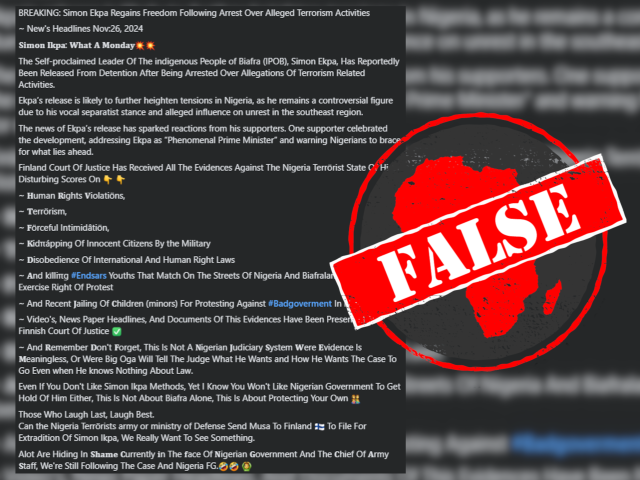 No, Finnish authorities have not released Biafra separatist Simon Ekpa, arrested over terror ...